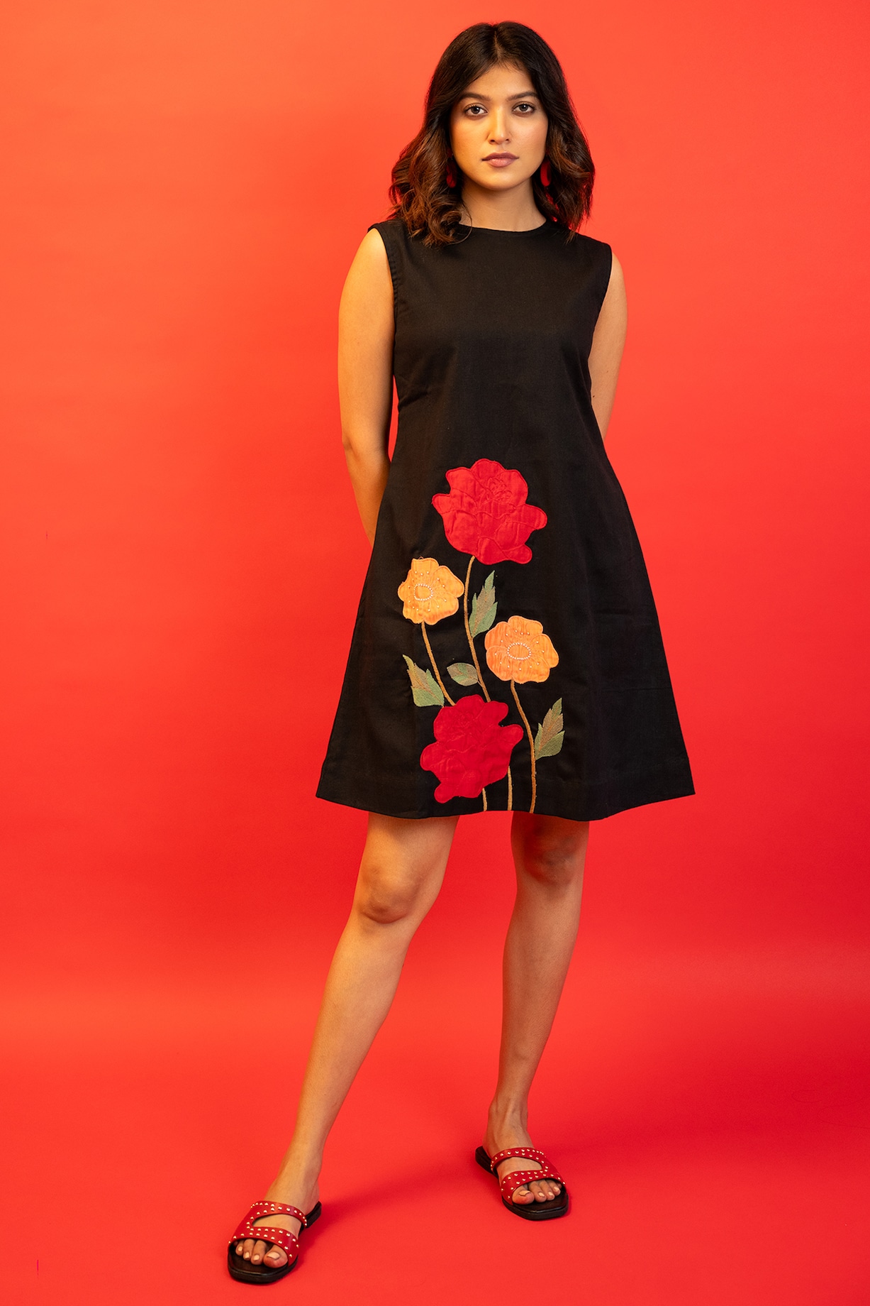 Black Handloom Cotton Hand Embroidered Mini Dress by Jilmil at Pernia's ...