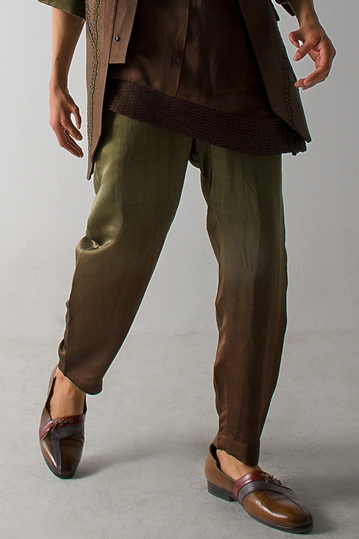 Brown & Olive Green Linen Silk Embroidered Shacket Set by Jatin Malik ...