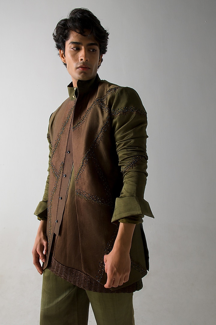 Brown & Olive Green Linen Silk Embroidered Shacket Set by Jatin Malik ...