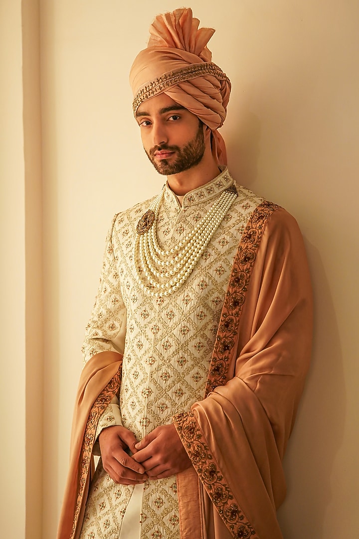 Ivory Linen Silk Embroidered Groom Sherwani Set by Jatin Malik at ...