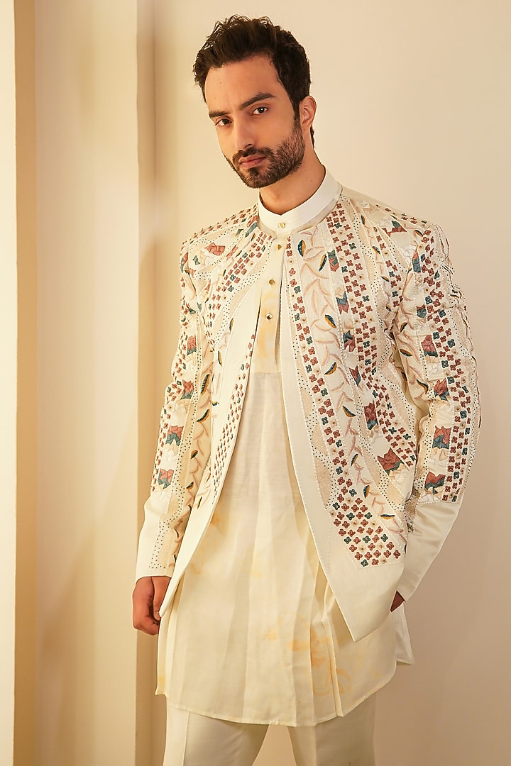 Dirty Ivory Linen Silk Hand Embroidered Indowestern Set by Jatin Malik ...