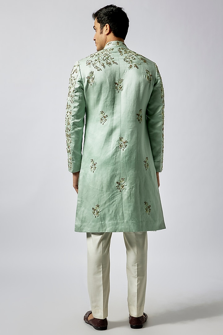 Mint Silk Embroidered Sherwani by Jatin Malik at Pernia's Pop Up Shop 2026