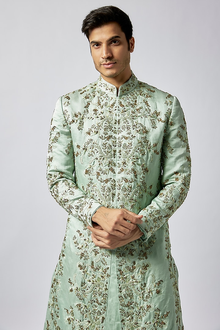 Mint Silk Embroidered Sherwani by Jatin Malik at Pernia's Pop Up Shop 2026