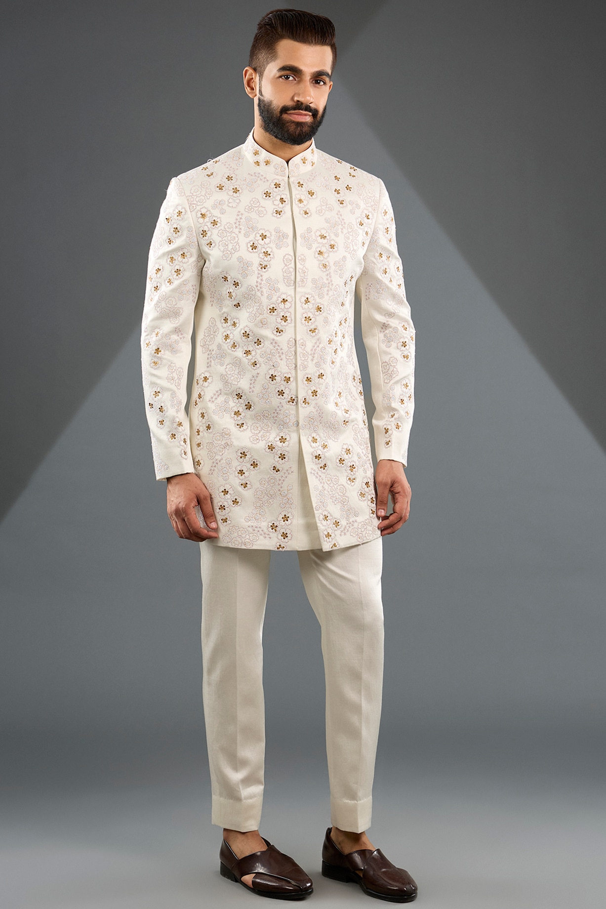 Ivory Linen Silk & Crepe Bandhgala Set by Jatin Malik at Pernia's Pop Up Shop 2025