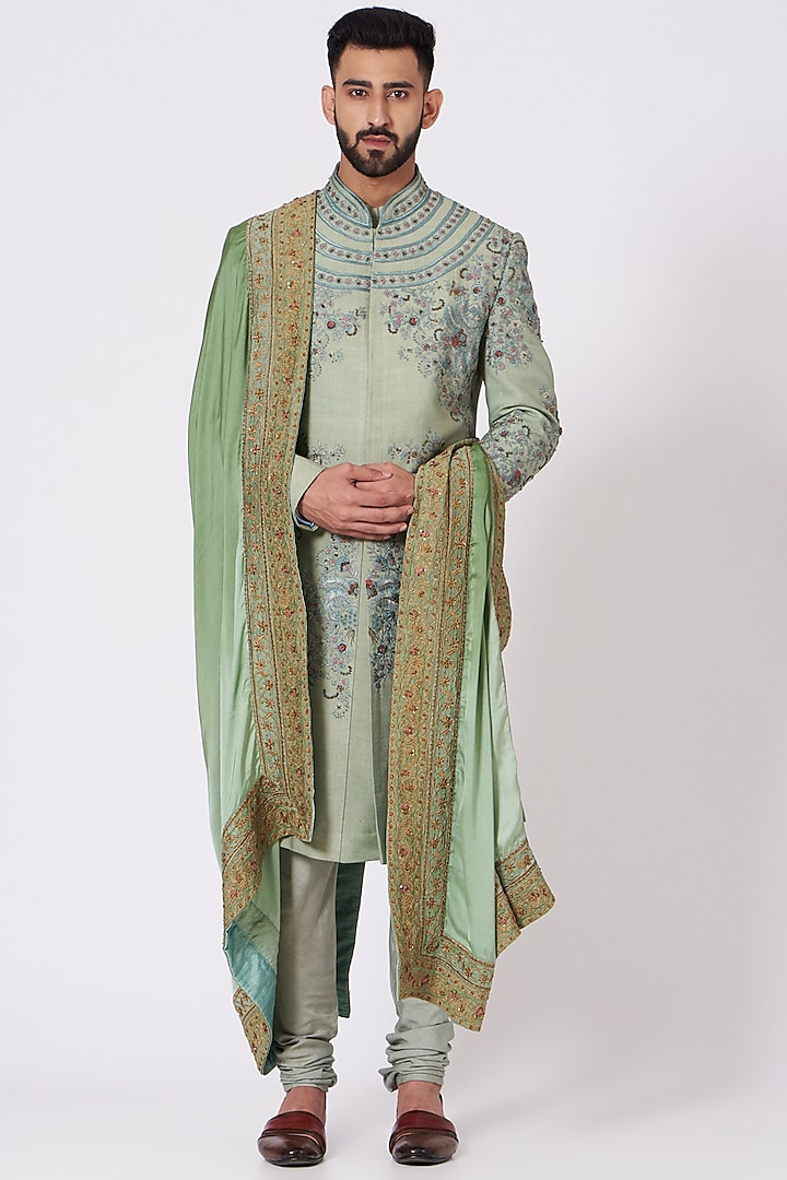 Sage Green Floral Embroidered Groom Sherwani Set by Jatin Malik at ...