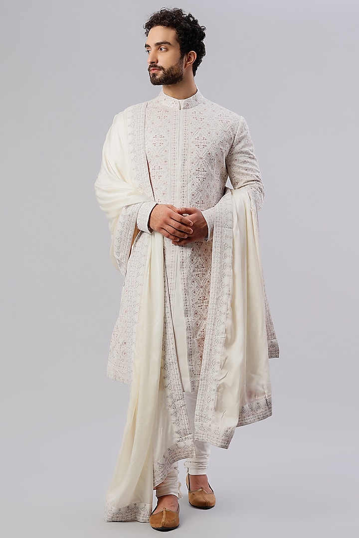 Ivory Hand Embroidered Groom Sherwani Set by Jatin Malik at Pernia's ...