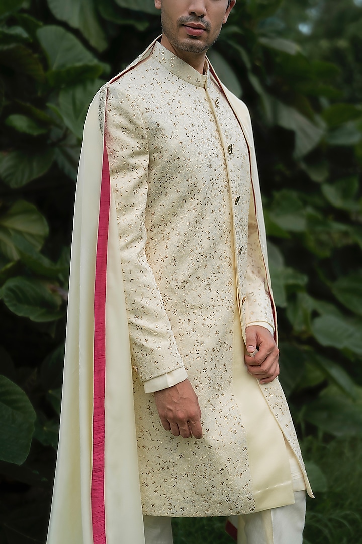 Butter Yellow Linen Silk Hand Embroidered Groom Sherwani Set by Jatin Malik at Pernia's Pop Up ...