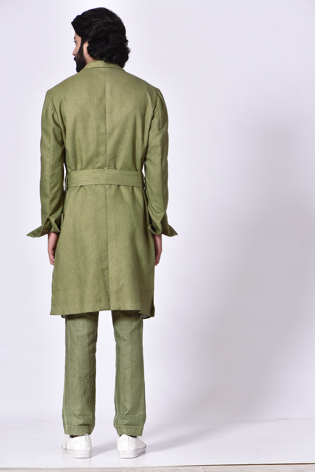 Dry Grass Green Cotton Twill Pant Set With Jacket by Jatin Malik at ...