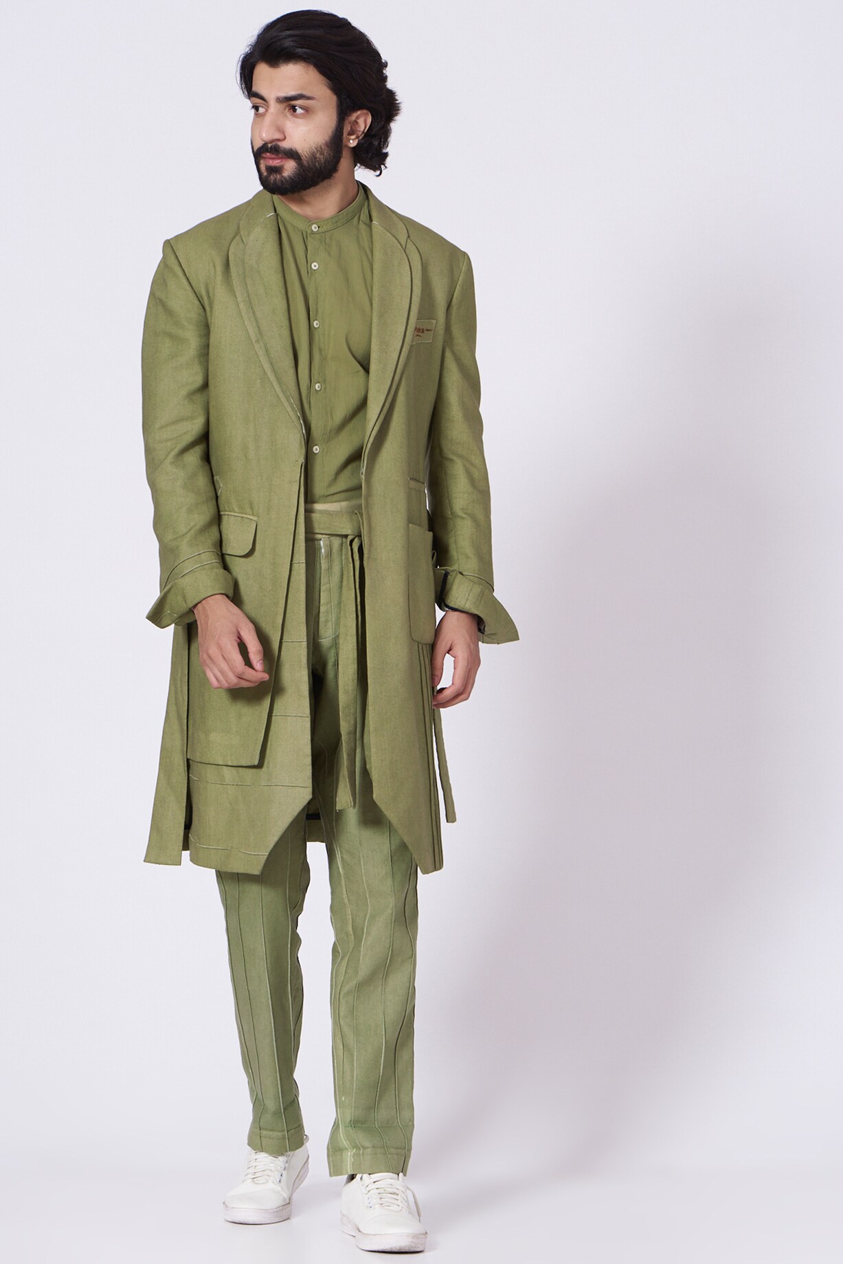 Dry Grass Green Cotton Twill Pant Set With Jacket by Jatin Malik at ...