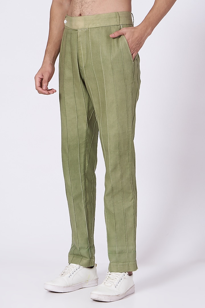 Dry Grass Green Cotton Twill Pant Set With Jacket by Jatin Malik at ...