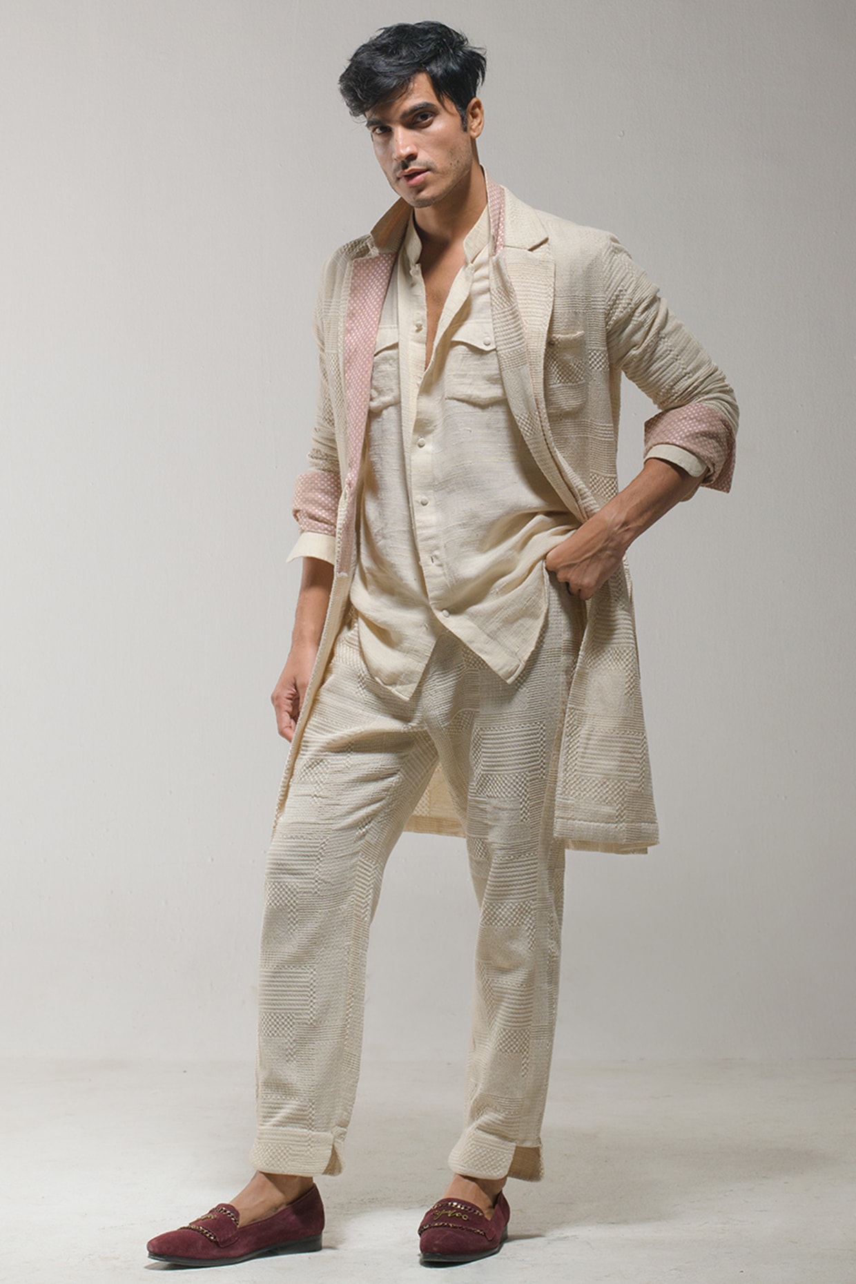 Ivory Crepe Embroidered Overcoat Set by Jatin Malik at Pernia's Pop Up ...