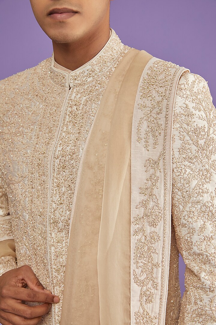 Onion Pink Raw Silk Embroidered Sherwani Set Design by Sarab Khanijou ...
