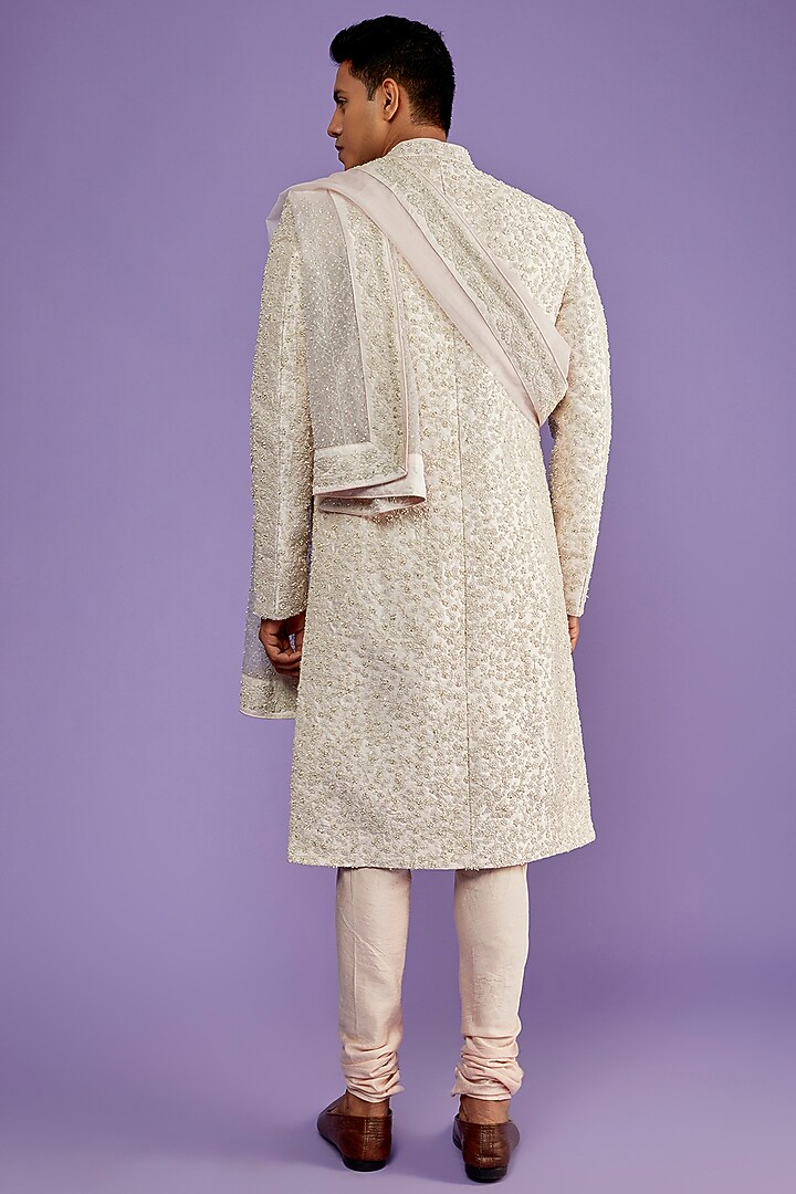 Onion Pink Raw Silk Embroidered Groom Sherwani Set by Sarab Khanijou at ...