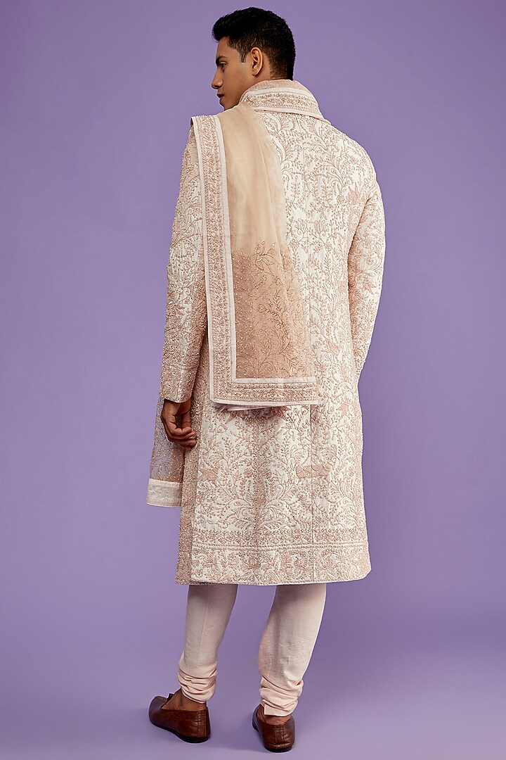 Onion Pink Raw Silk Embroidered Groom Sherwani Set by Sarab Khanijou at ...