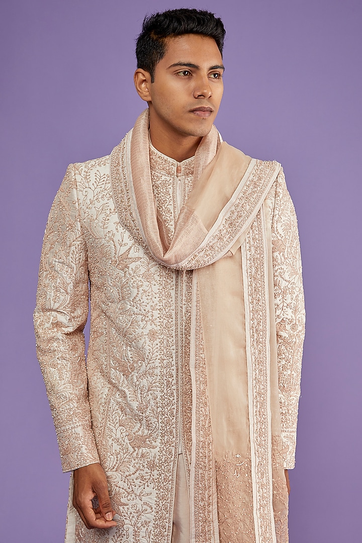 Onion Pink Raw Silk Embroidered Groom Sherwani Set by Sarab Khanijou at ...