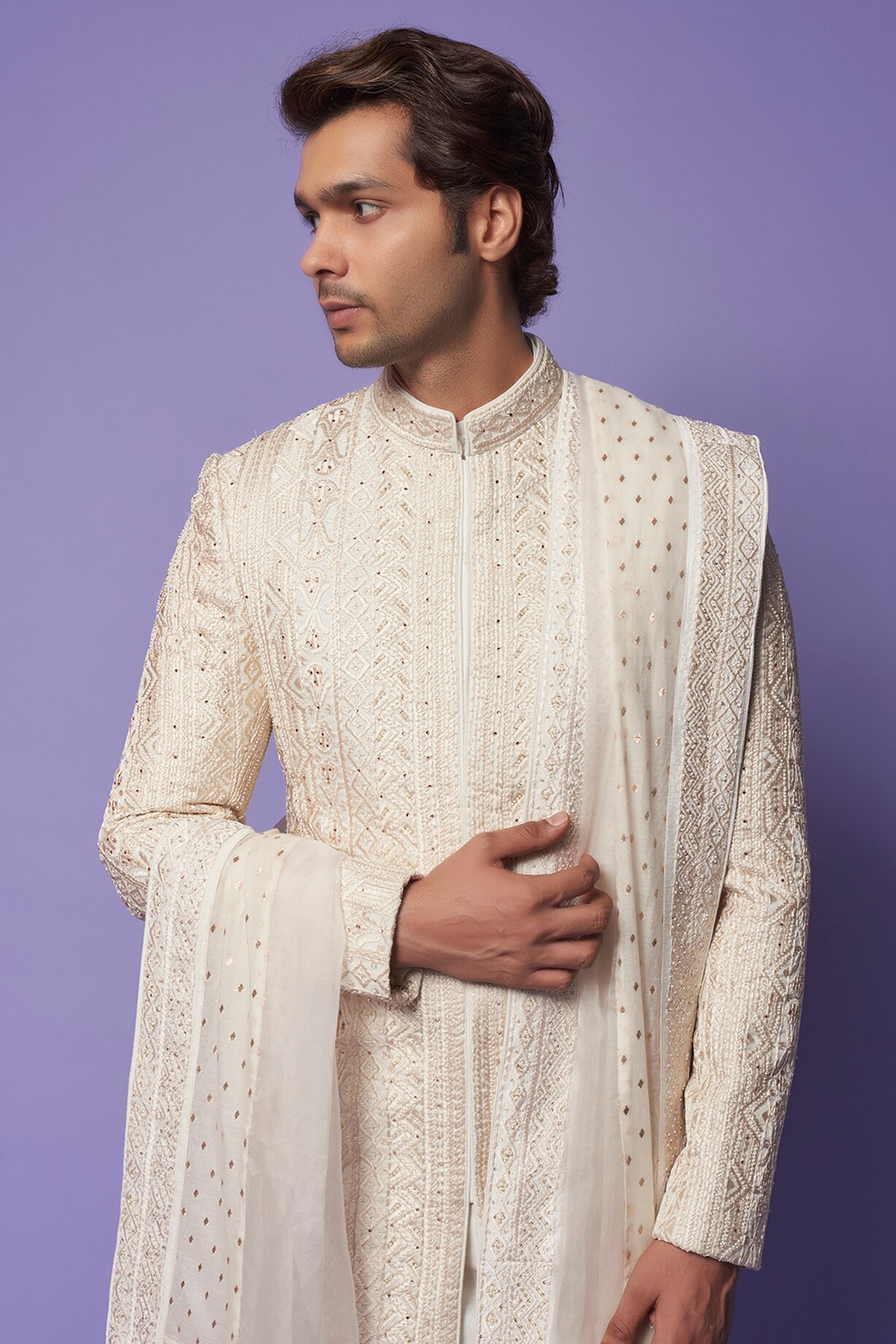 Buy Sarab Khanijou Ivory Raw Silk Embroidered Sherwani Set at Pernia ...