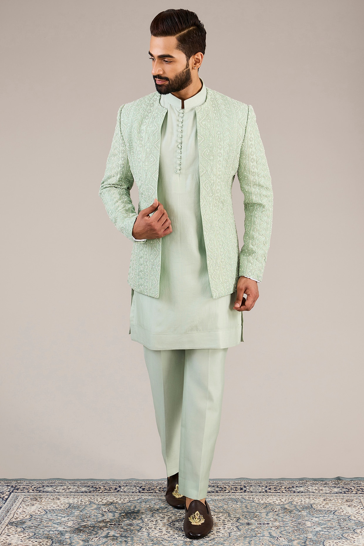 Mint Silk Threadwork Indowestern Set by Sarab Khanijou at Pernia's Pop Up Shop 2025