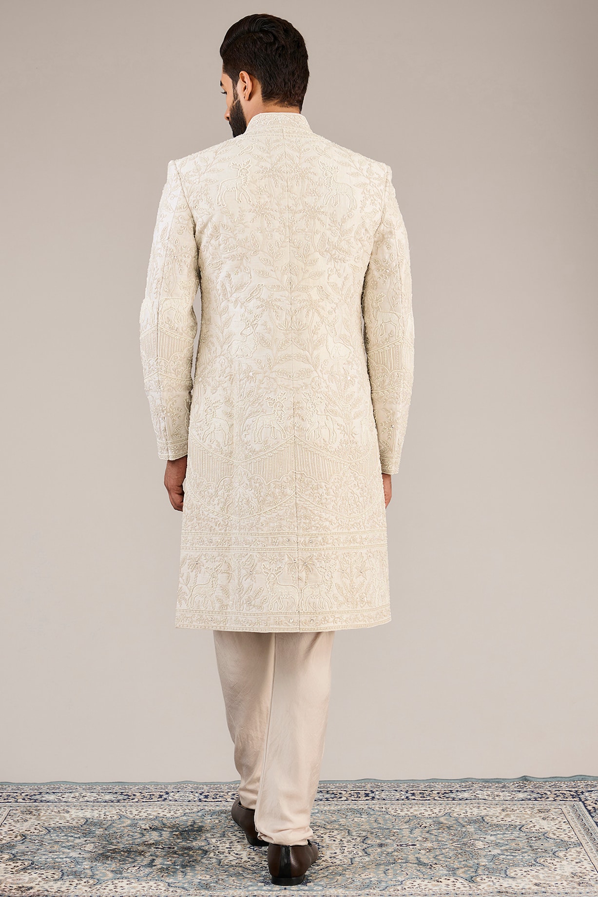 Ivory Raw Silk Zari Embroidered Groom Sherwani Set by Sarab Khanijou at ...