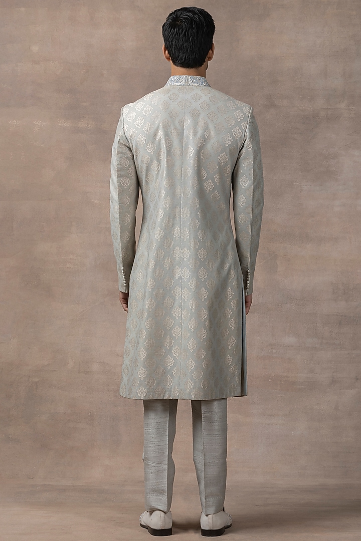 Ash Grey Banarasi Silk Embroidered Wedding Sherwani Set by Sarab ...