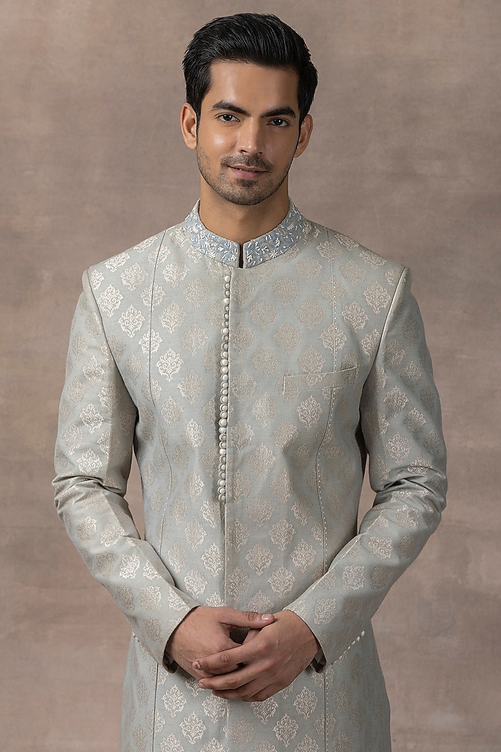 Ash Grey Banarasi Silk Embroidered Wedding Sherwani Set by Sarab ...
