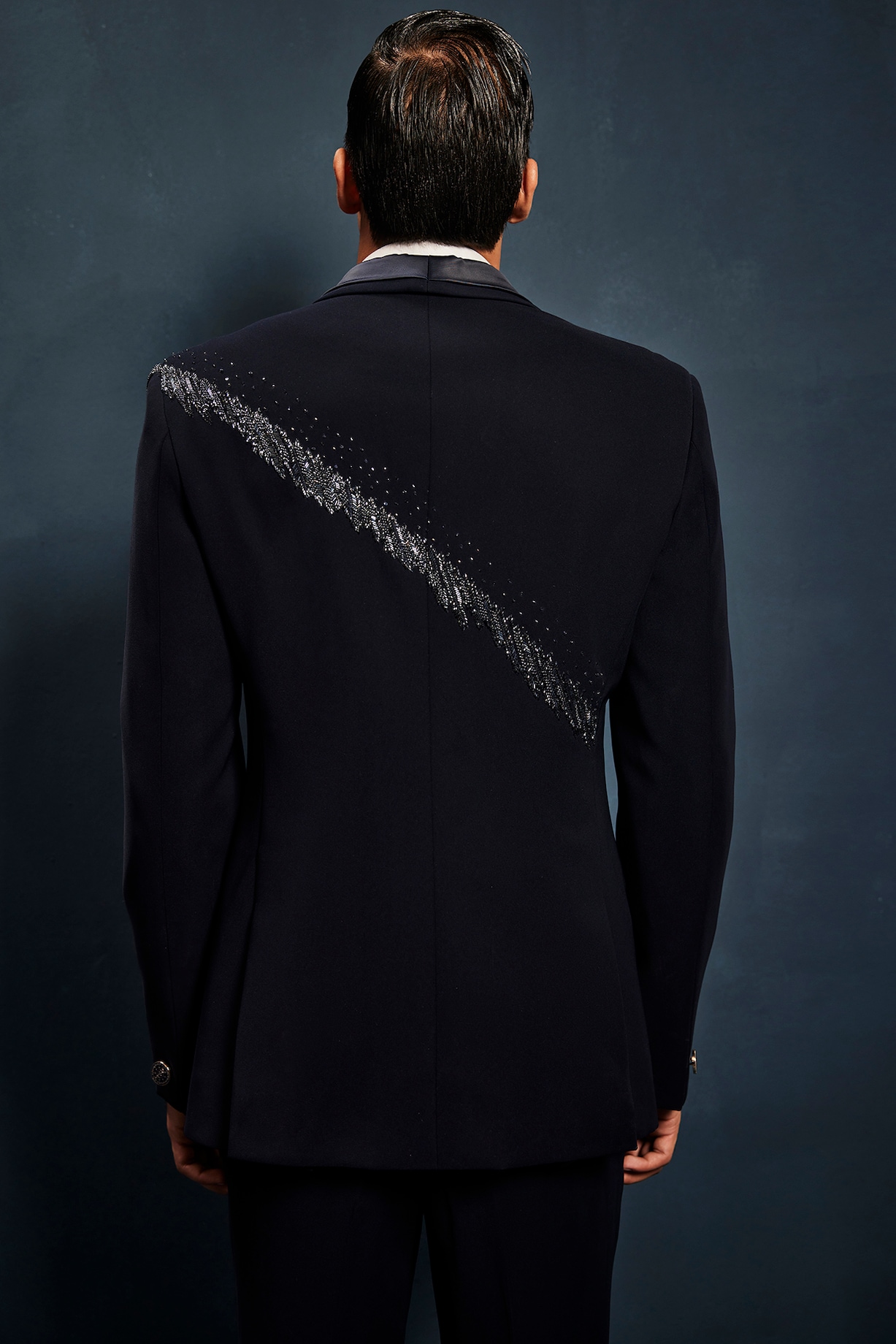Navy Blue Sandwash Sequins Embroidered Tuxedo Set by Sarab Khanijou at ...