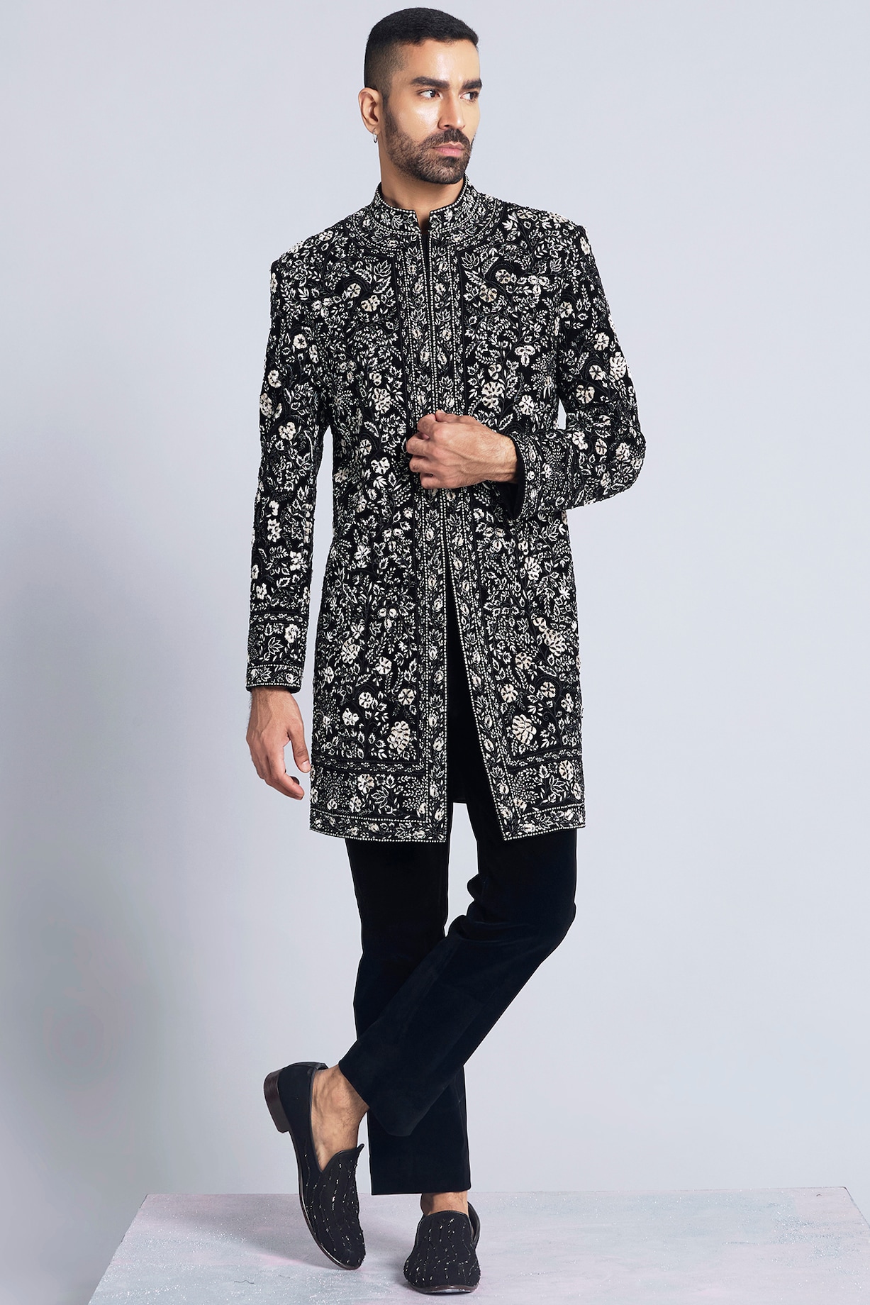 Black Velvet Thread Embroidered Indowestern Set by Sarab Khanijou at ...
