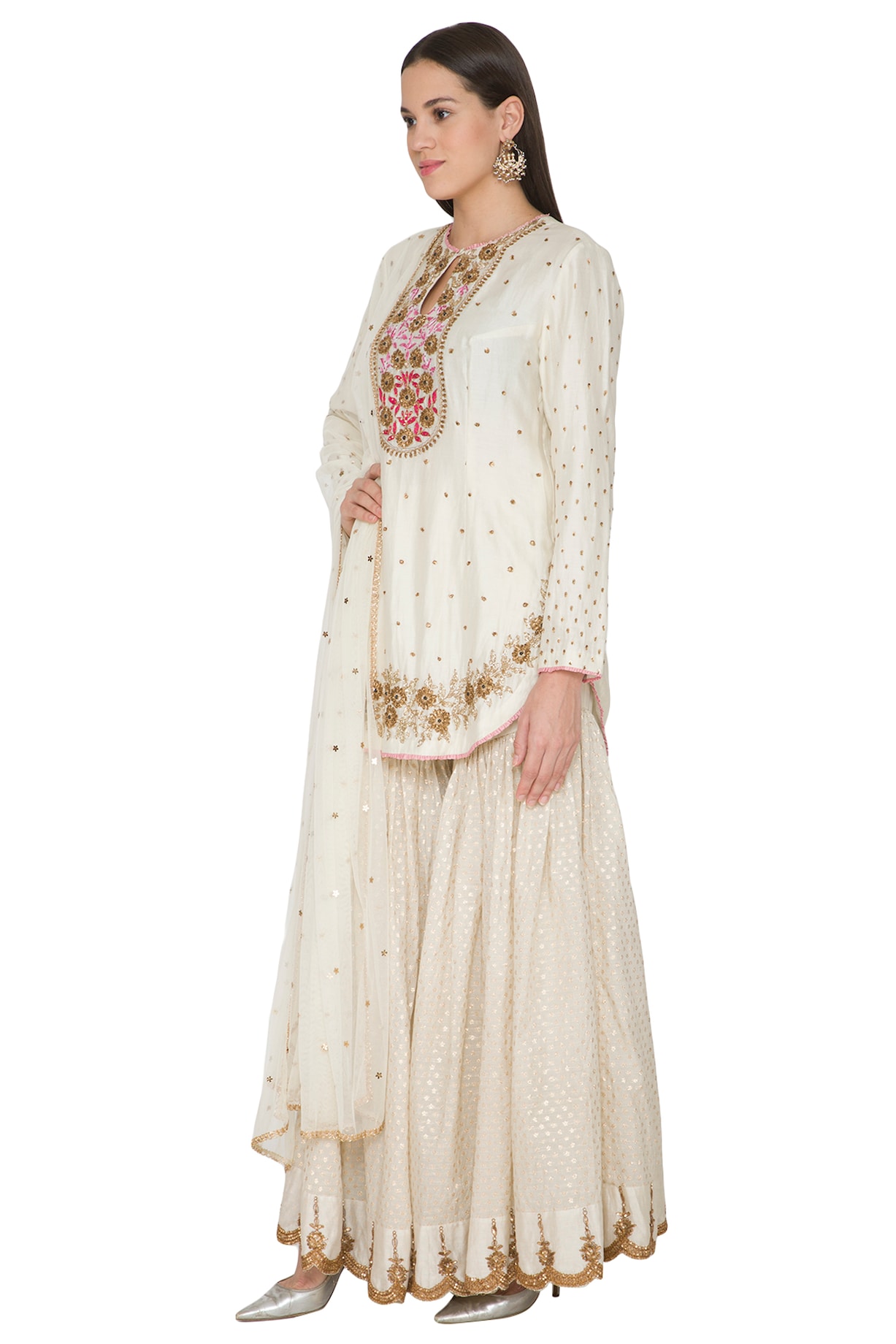 Cream Chanderi Silk Resham Embroidered Gharara Set by Joy Mitra at Pernia's Pop Up Shop 2024