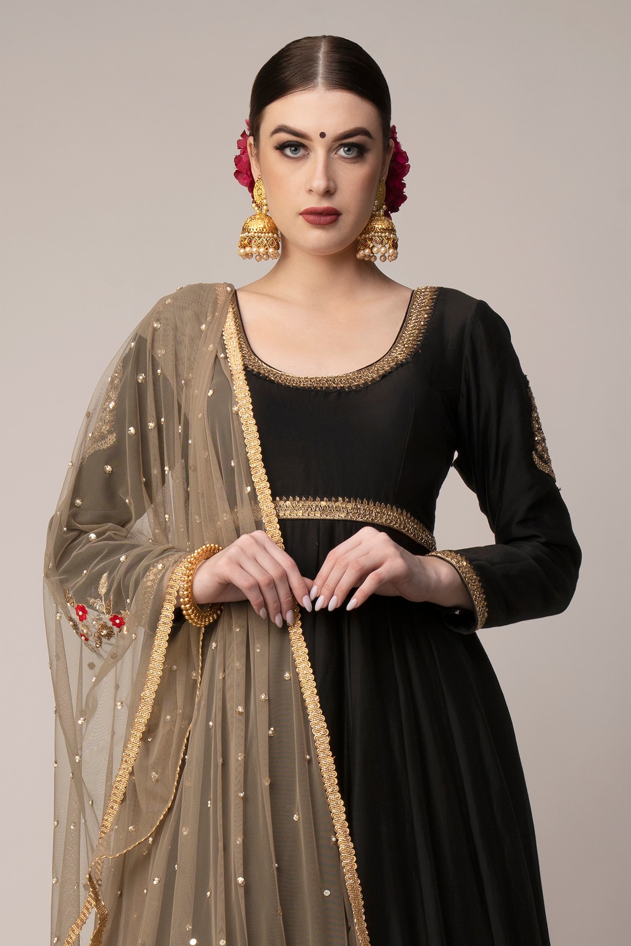 Black Chanderi Anarkali Set by Joy Mitra at Pernia's Pop Up Shop 2024
