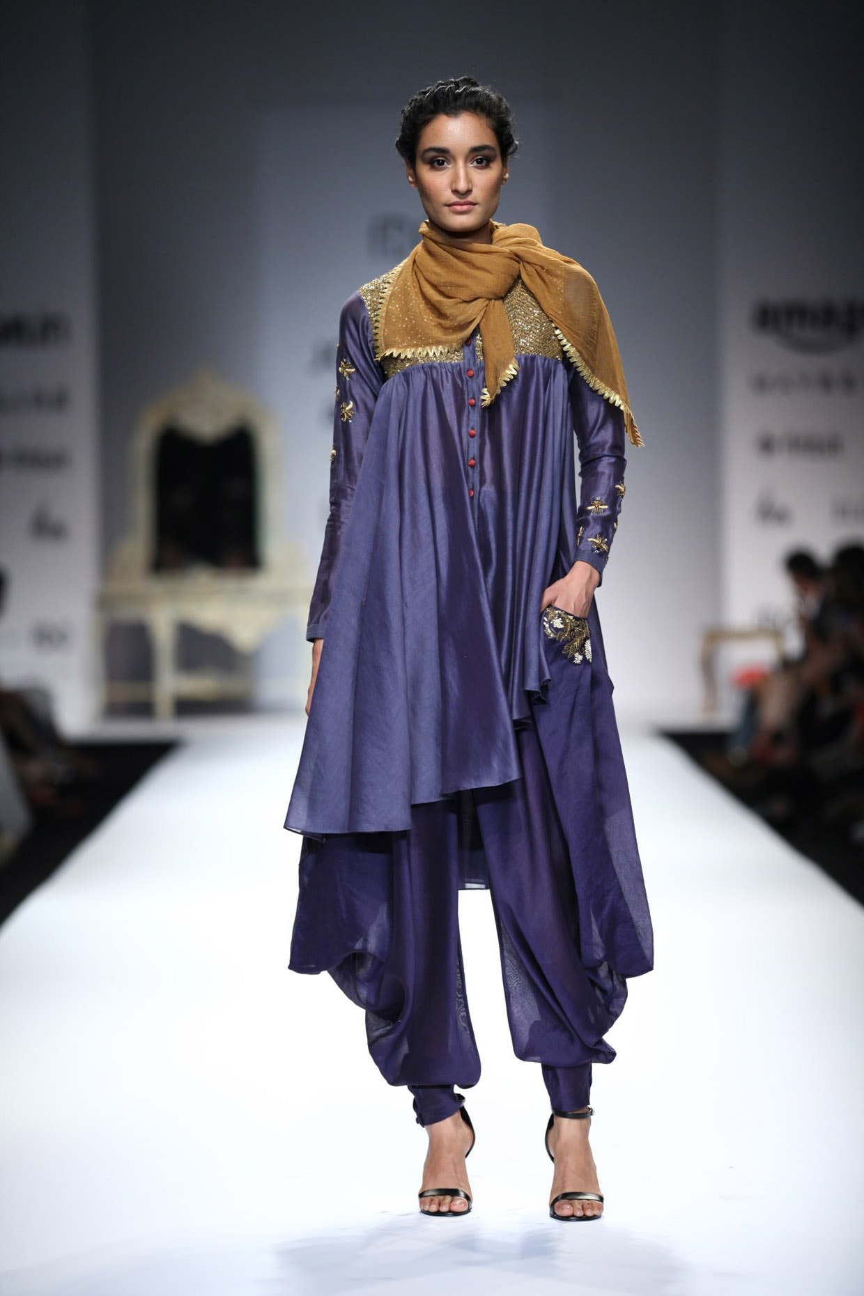 Indigo rikrak embroidered short anarkali with indigo drape pocket pants ...
