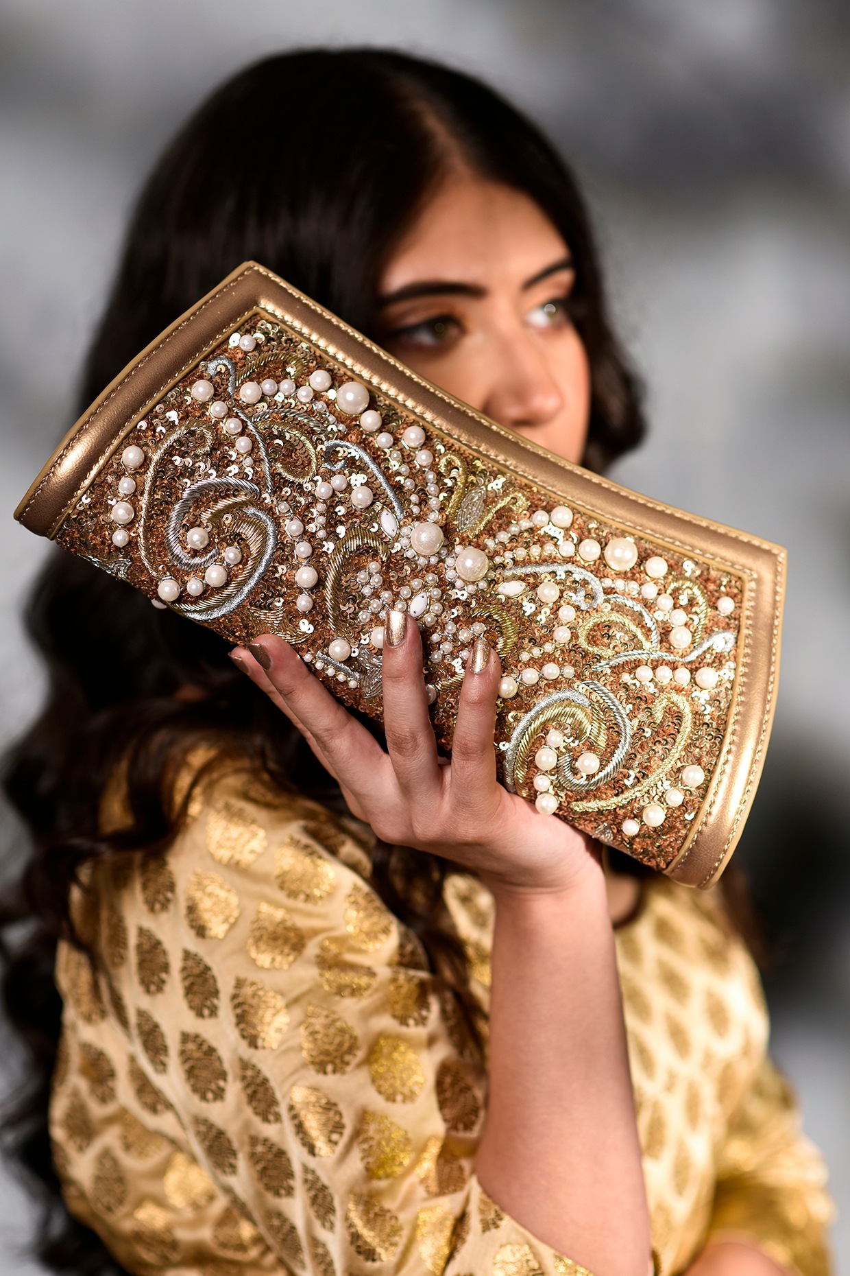 Gold Polyester Hand Embroidered Clutch by Jasbir Gill at Pernia's Pop ...