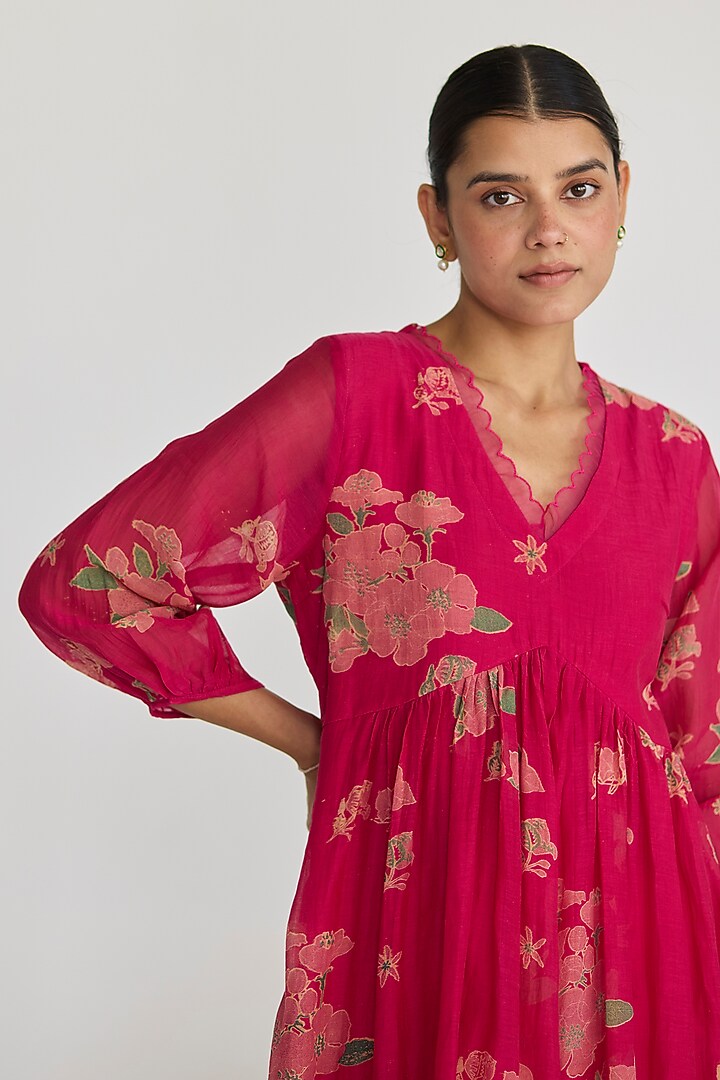 Rani Pink Handwoven Chanderi Block Printed Midi Dress by Juanita by ...