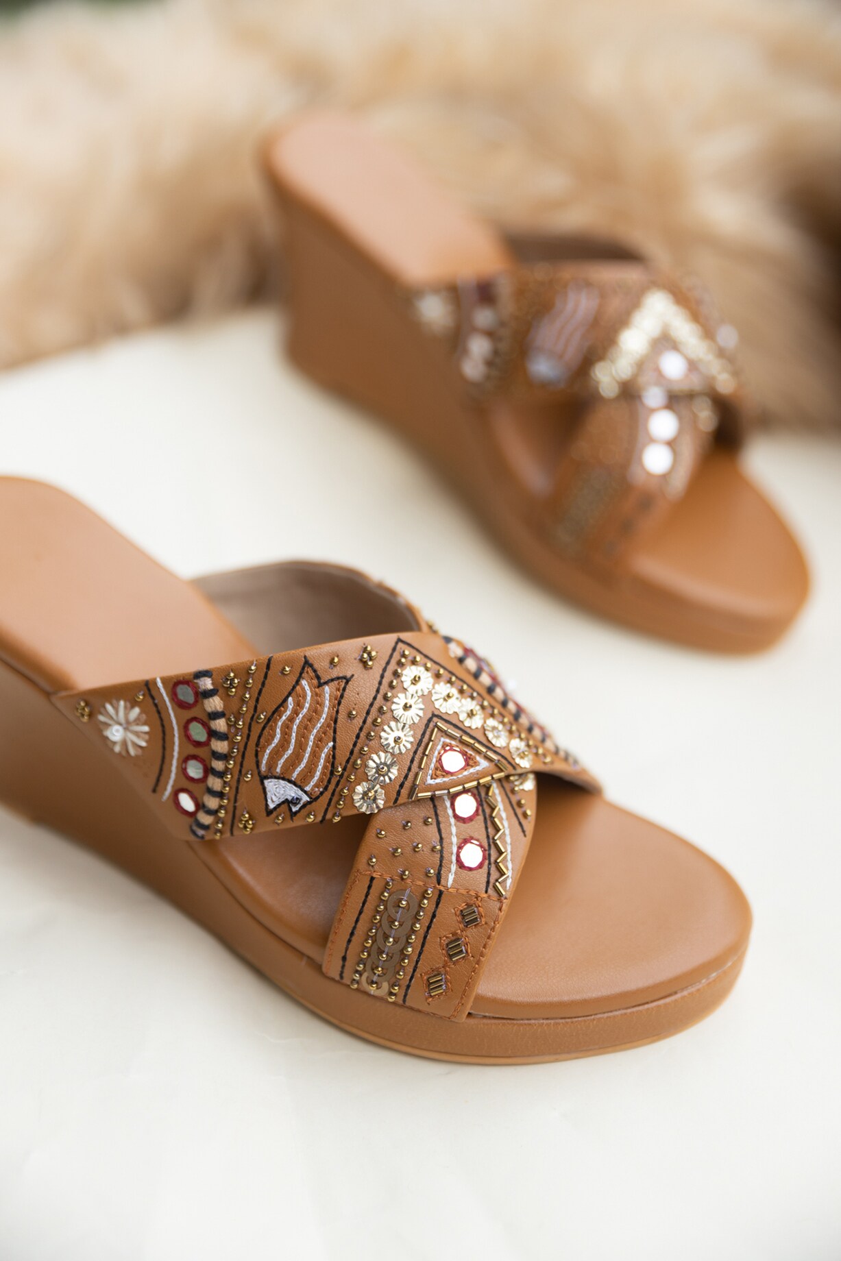 Beige PU Shells & Sequins Work Platform Heels by Jutti Express at ...
