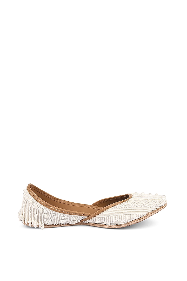 White Leather Juttis With Pearl & Beads Work by Jutti Express at Pernia ...