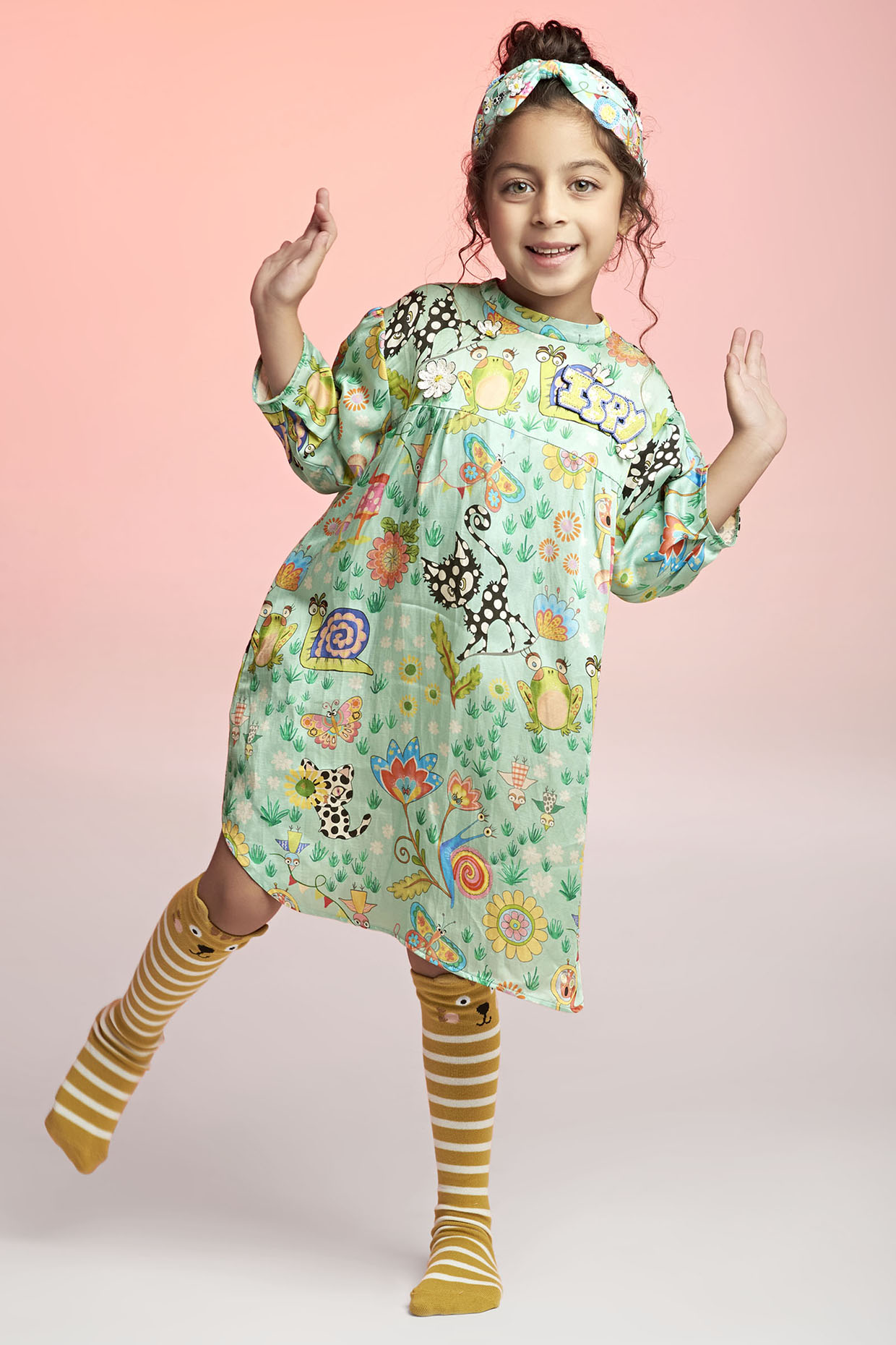 Green Linen Bemberg Satin Floral Printed Knee-Length Dress For Girls by ...