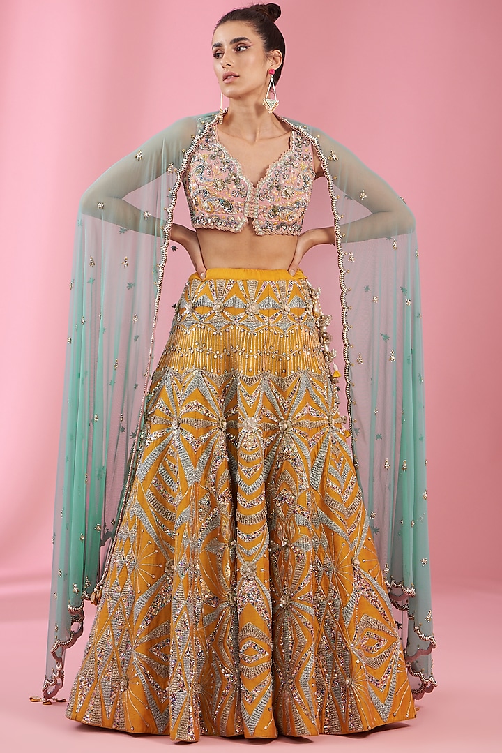 Yellow Silk Hand Embroidered Bridal Lehenga Set By Kaaisha By Shalini