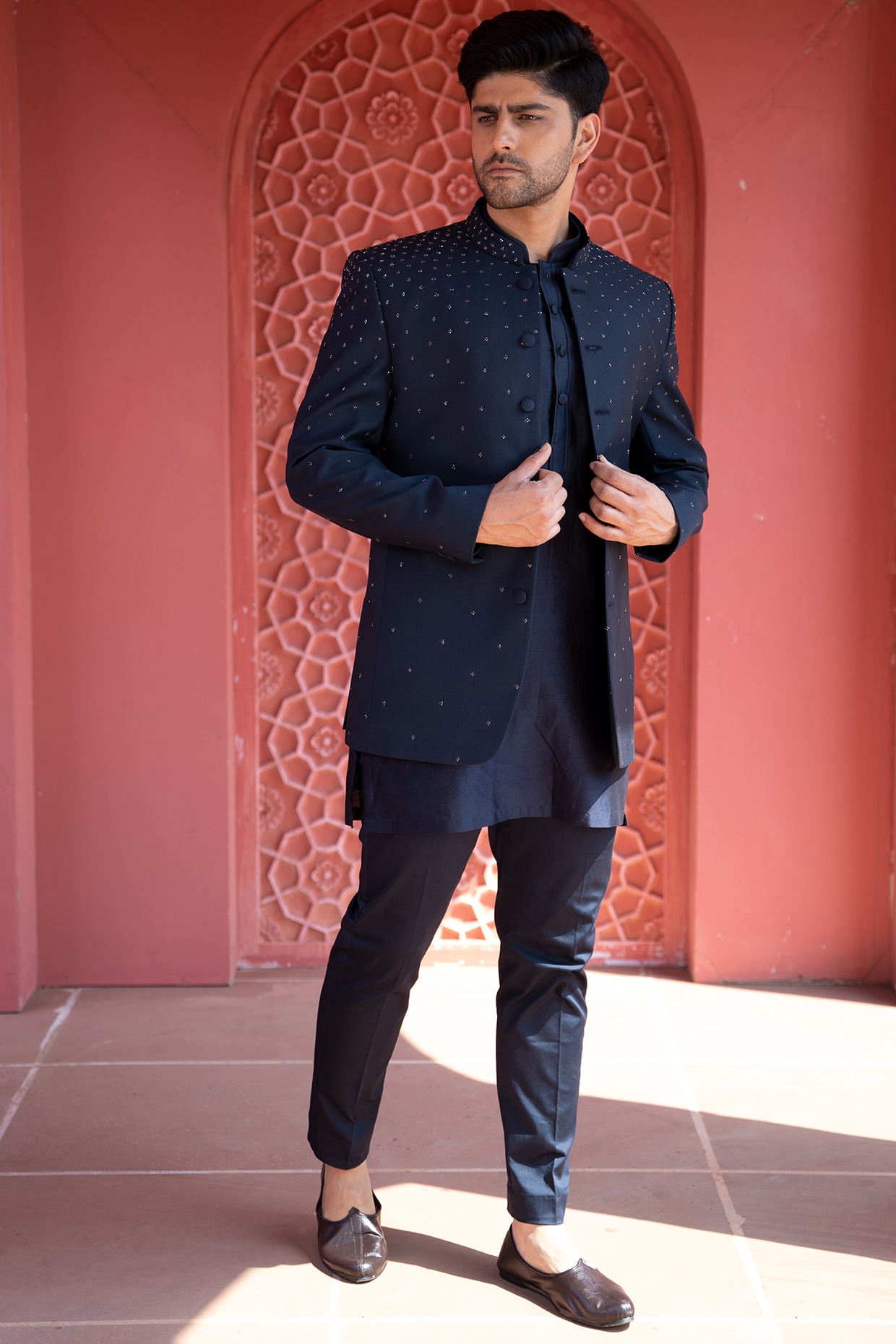 Navy Blue Suiting & Chanderi Silk Embroidered Bandhgala Set by KAAJ Button at Pernia's Pop Up ...