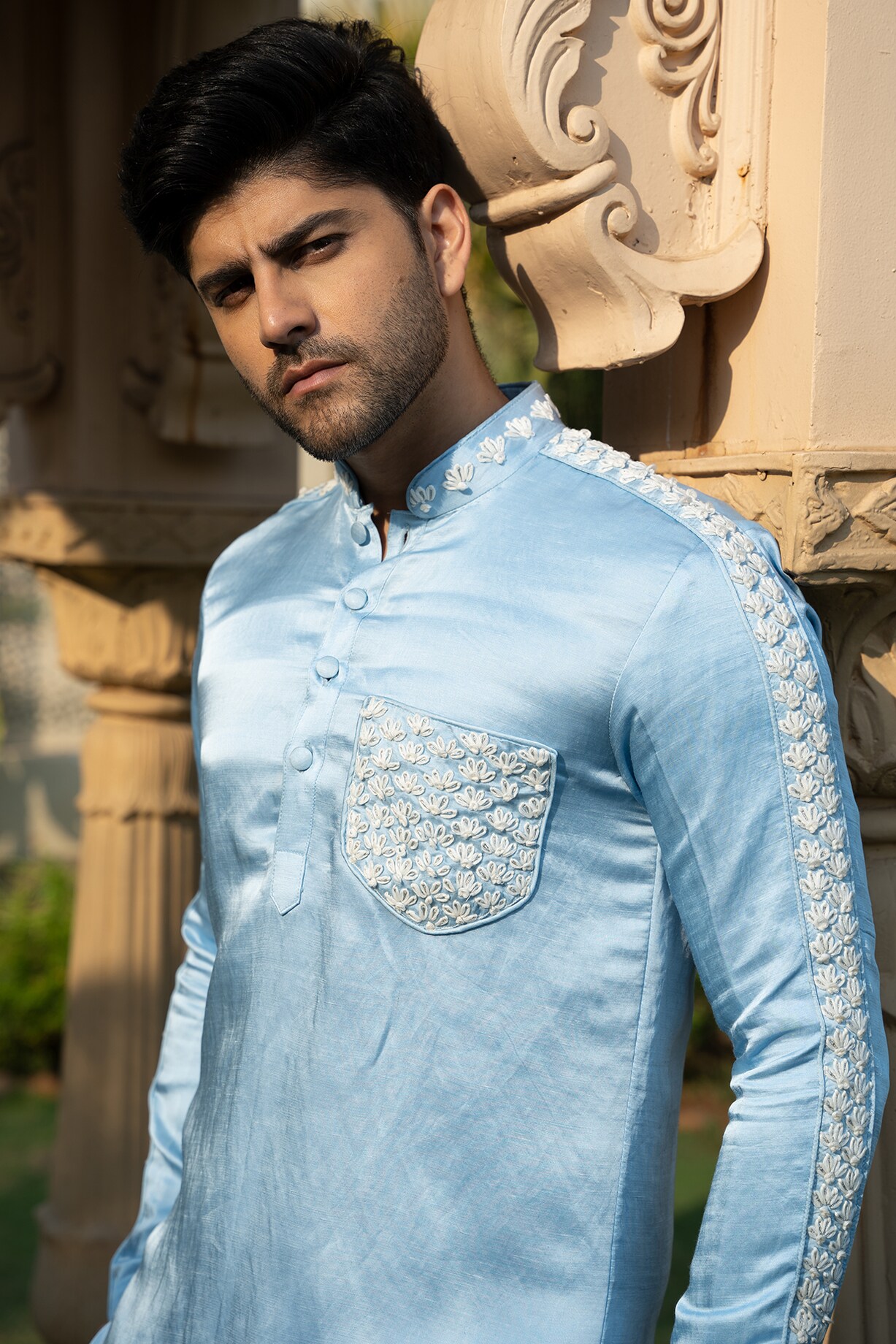Ice Blue Satin Linen Embroidered Kurta Set Design by KAAJ Button at Pernia's Pop Up Shop 2024