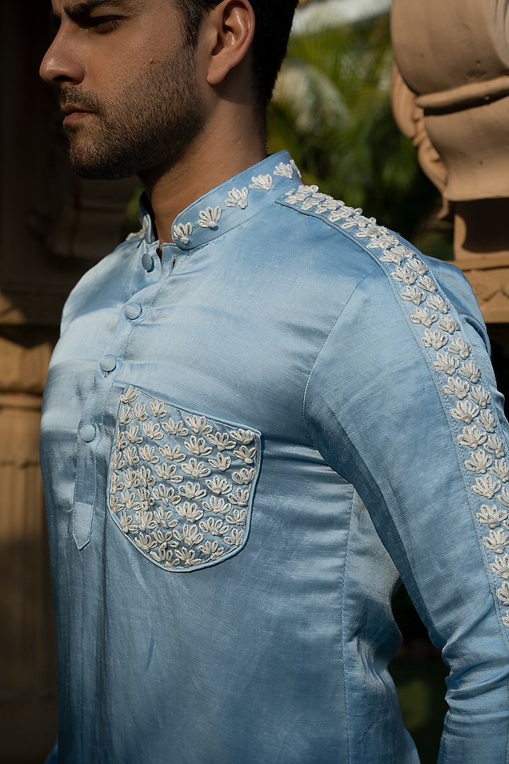 Ice Blue Satin Linen Embroidered Kurta Set Design by KAAJ Button at Pernia's Pop Up Shop 2024