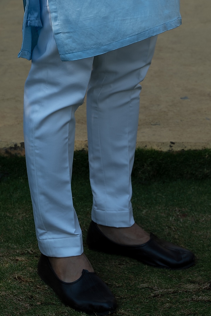 Ice Blue Satin Linen Embroidered Kurta Set Design by KAAJ Button at ...