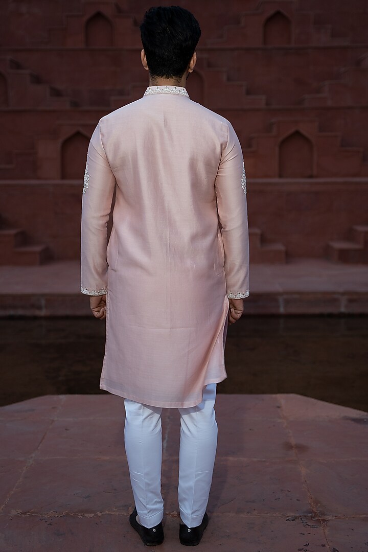 Powder Pink Satin Linen Embroidered Kurta Set by KAAJ Button at Pernia ...