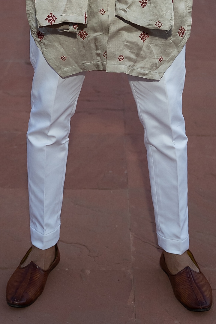 Champagne Satin Linen Embroidered Kurta Set Design by KAAJ Button at ...