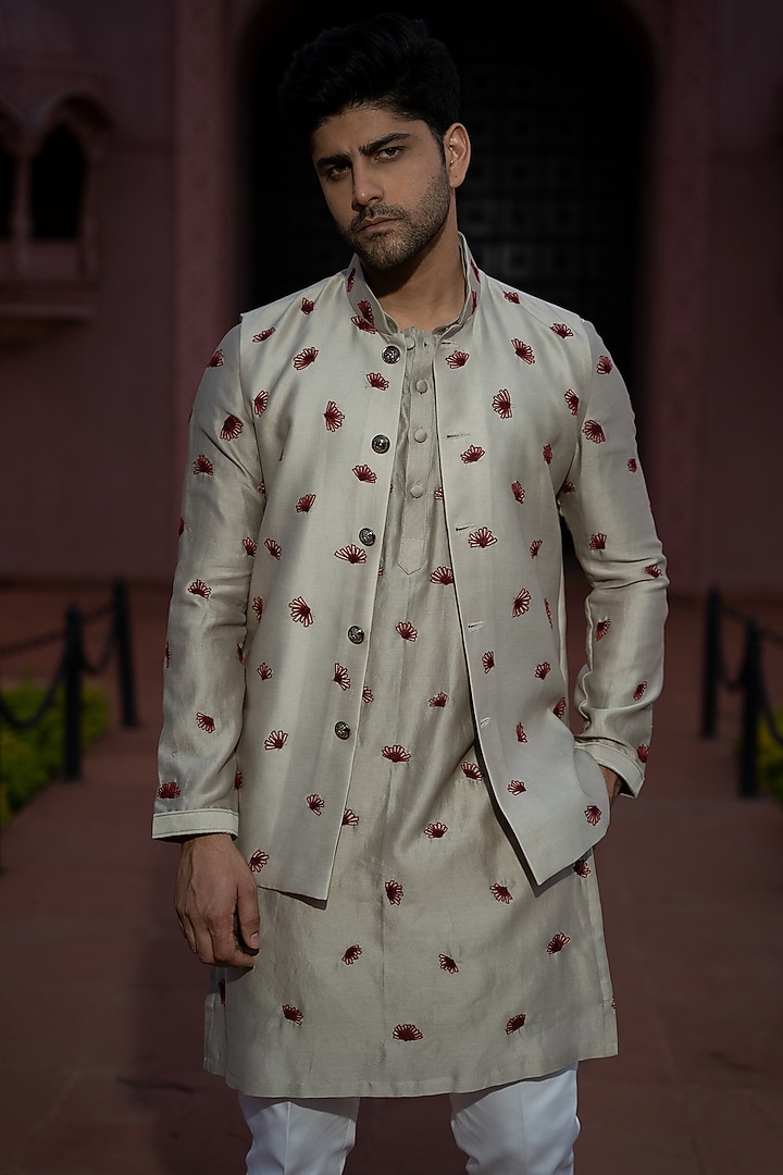 Champagne Chanderi Silk Thread Embroidered Bundi Jacket Set by KAAJ ...