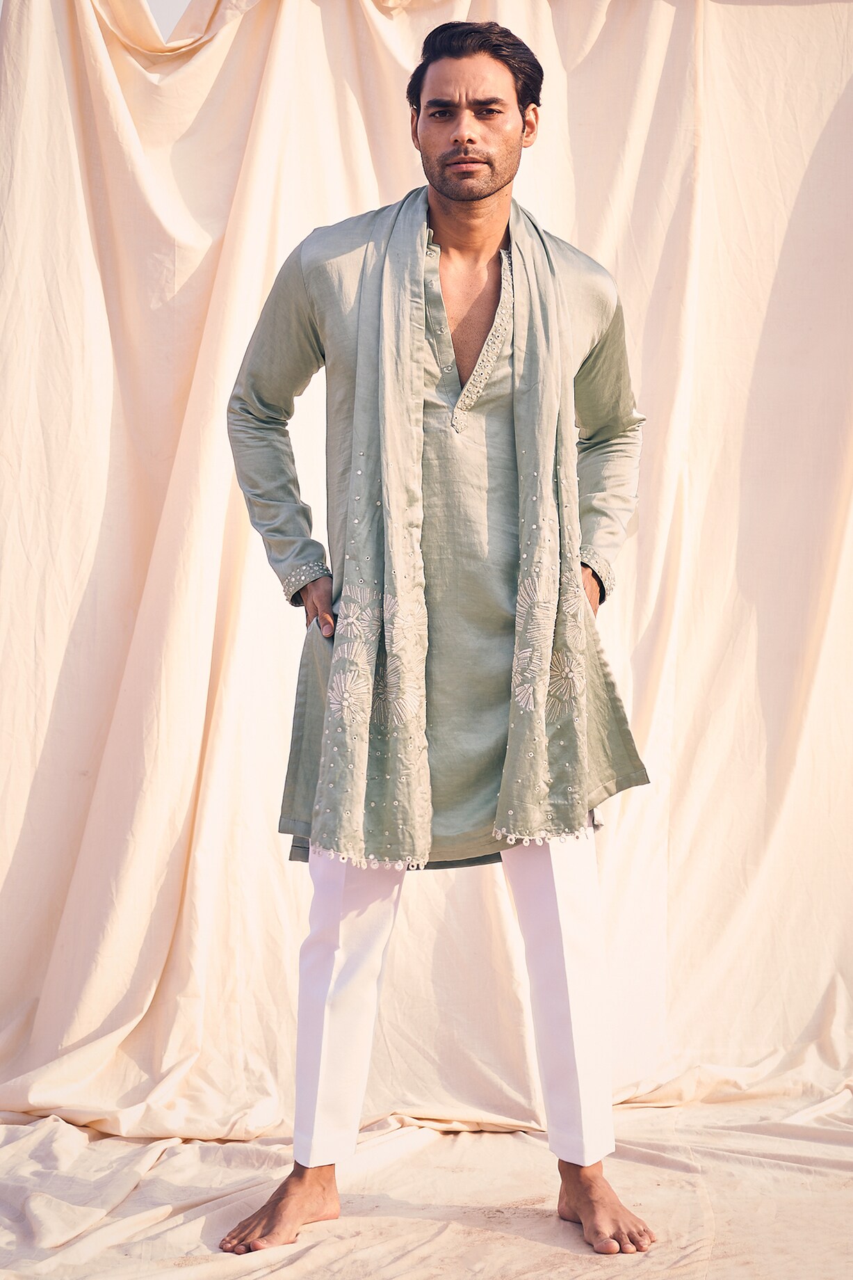 Green Satin Linen Hand Embroidered Kurta Set by KAAJ Button at Pernia's ...