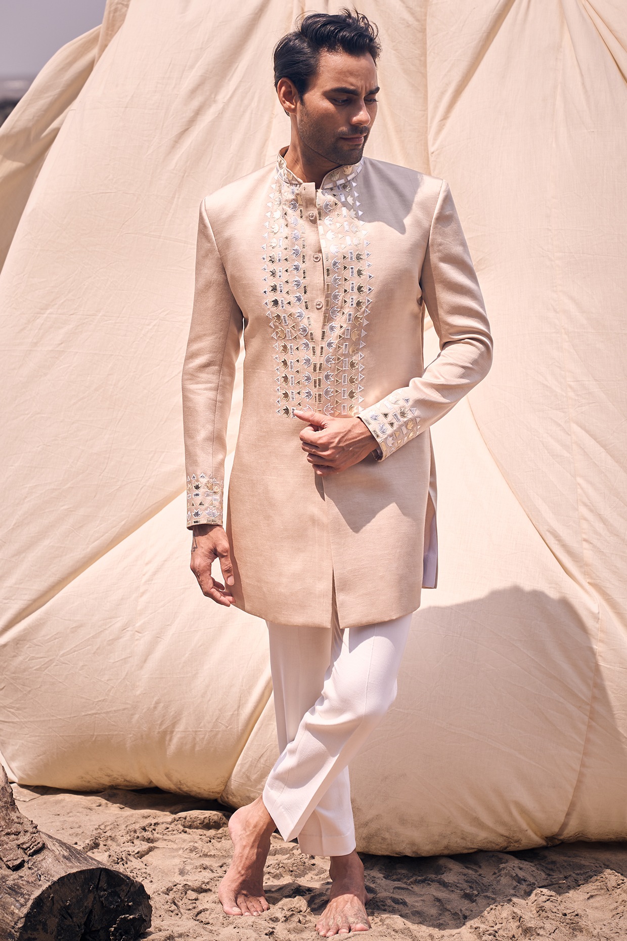 Gold Chanderi Silk Applique Embroidered Achkan Jacket Set by KAAJ ...