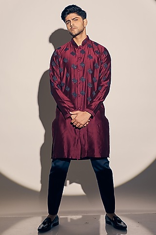 Maroon Chanderi Silk Embroidered Kurta Set by KAAJ Button at Pernia's ...