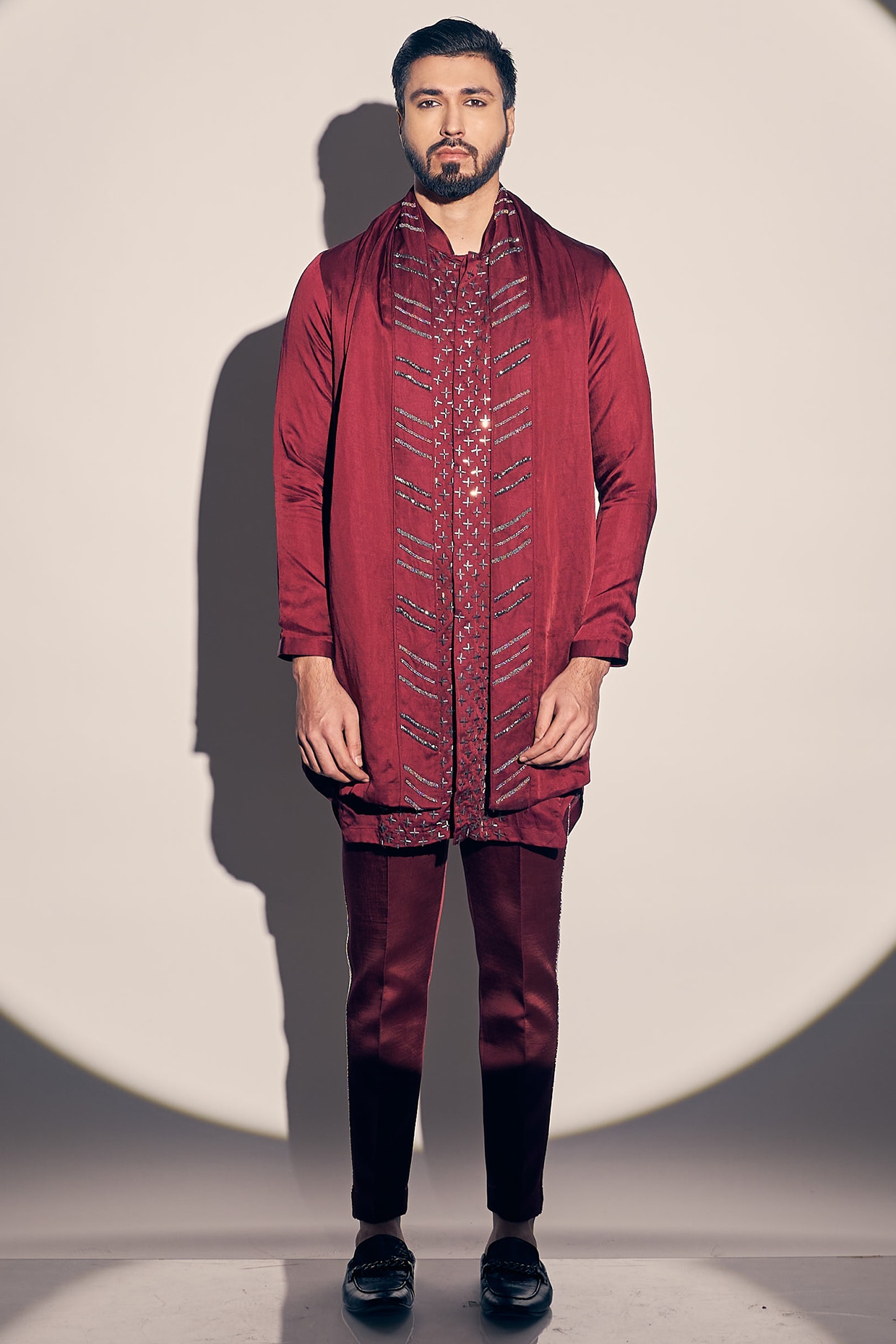 Maroon Satin Linen Embroidered Kurta Set by KAAJ Button at Pernia's Pop ...