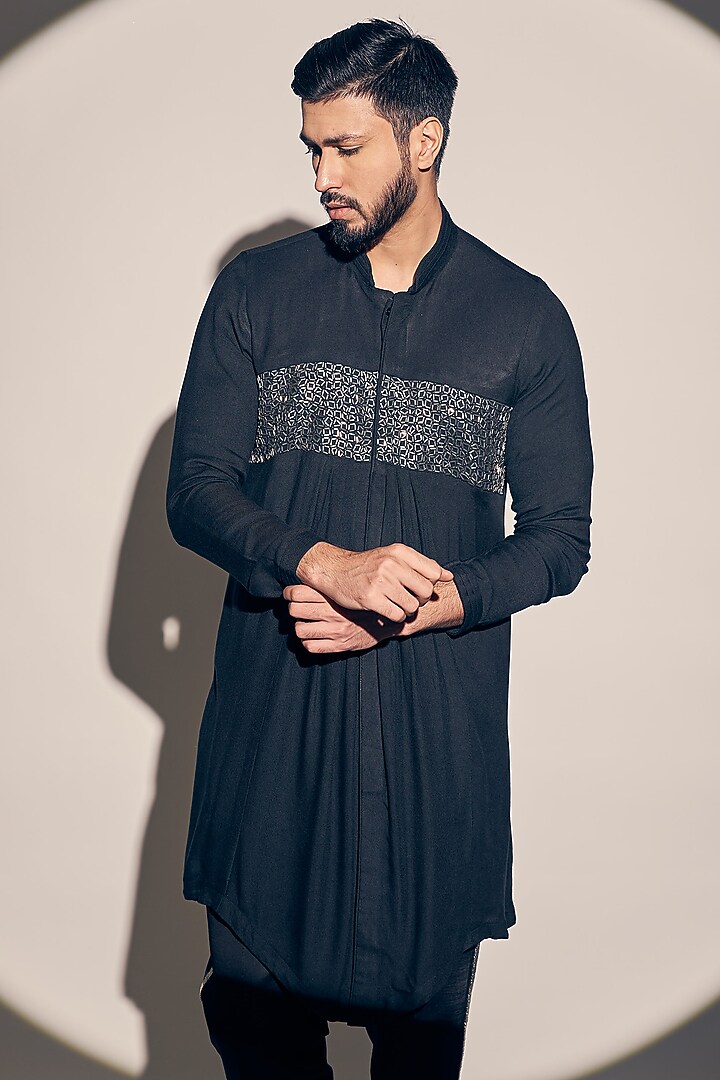 Black Twill Cotton Embroidered Kurta Set Design by KAAJ Button at ...