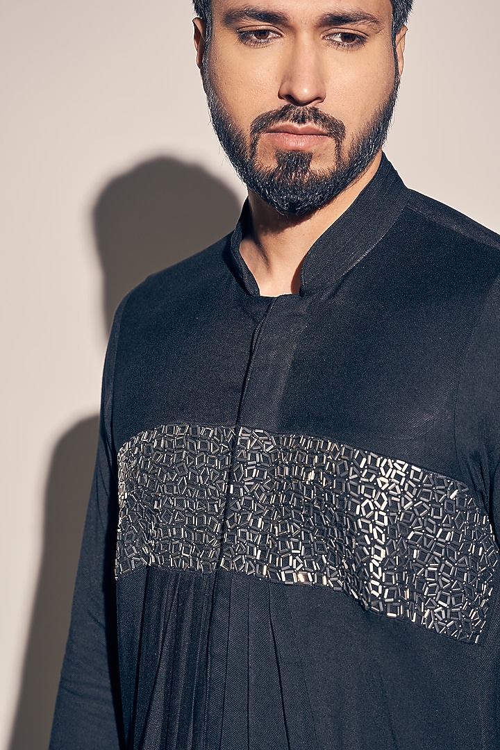 Black Twill Cotton Embroidered Kurta Set Design by KAAJ Button at ...