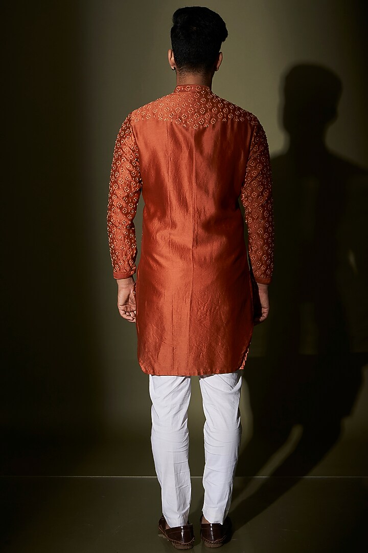 Buy KAAJ Button Rust Chanderi Silk Kurta Set at Pernia'sPopUpShopMen 2025