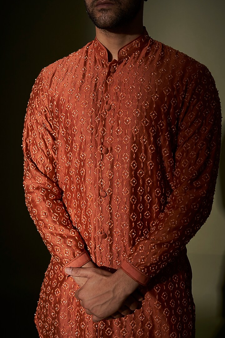 Buy KAAJ Button Rust Chanderi Silk Kurta Set at Pernia'sPopUpShopMen 2025